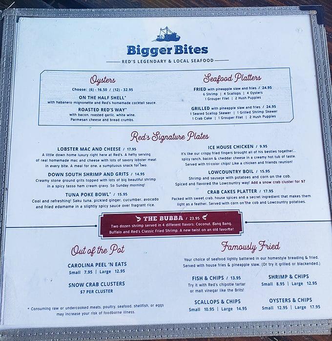 This menu isn't just a list&mdash;it's a treasure map where X marks the Lobster Mac and Cheese. Adventure awaits in every section!