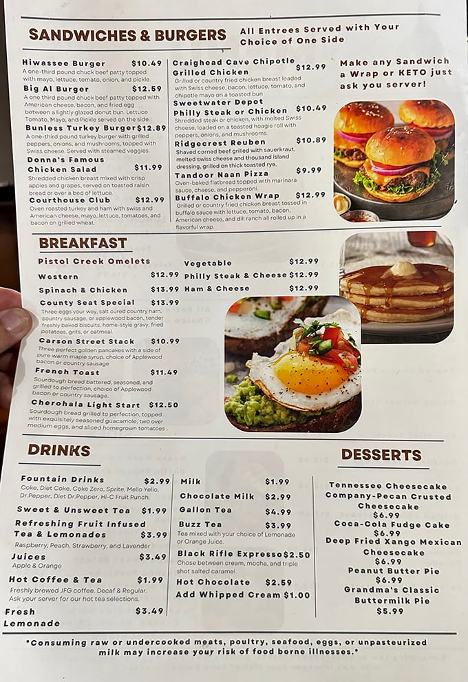 This menu reads like a geography lesson of East Tennessee, with each dish named after local landmarks. The "Courthouse Club" isn't just a sandwich&mdash;it's an institution.