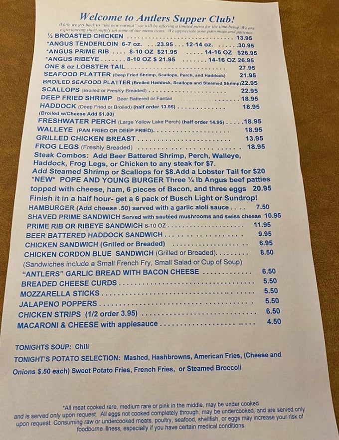 The menu reads like a Wisconsin bucket list&mdash;prime rib, walleye, and the legendary "Pope burger" topped with ham, bacon, and three eggs for the truly ambitious.
