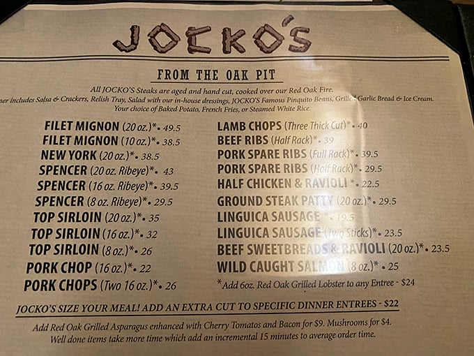 This menu isn't just a list of options&mdash;it's a roadmap to carnivorous bliss. The Spencer steak is the star, but there are no bad choices.