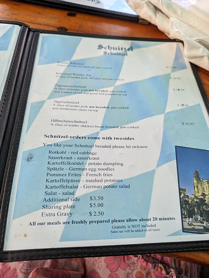 The schnitzel menu reads like a love letter to German culinary traditions, each option more tempting.