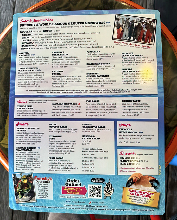 The menu of dreams! Each laminated page holds the promise of seafood so fresh, it was practically swimming this morning.