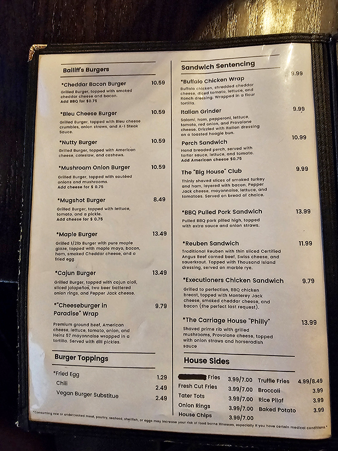 The menu's "Bailiff's Burgers" and "Sandwich Sentencing" sections prove that crime-themed dining can be deliciously punny.