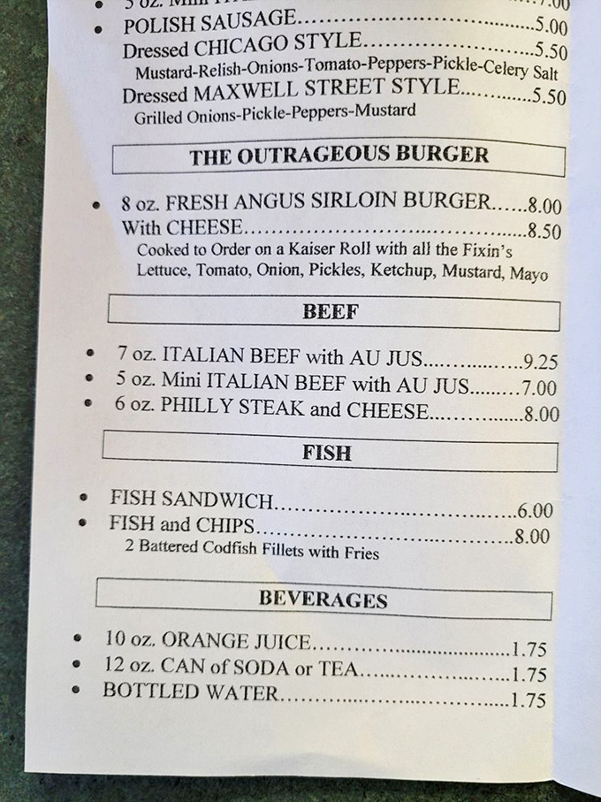 This menu isn't just a list of options&mdash;it's a roadmap to happiness. The "Outrageous Burger" isn't bragging, it's warning you.