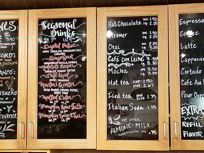 The chalkboard menu reads like a love letter to coffee enthusiasts &ndash; seasonal specialties that make pumpkin spice lattes seem like amateur hour.