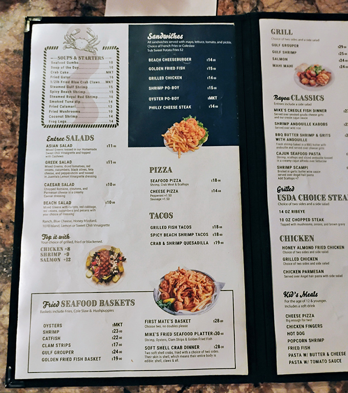 This menu isn't just a list&mdash;it's a maritime treasure map. Each item promises its own delicious adventure, from oysters to tacos to "Bayou Classics."