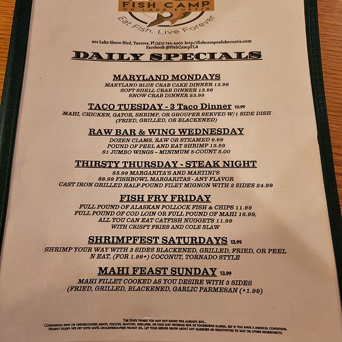 A week's worth of excuses to visit. Their daily specials calendar reads like a love letter to seafood enthusiasts and hungry locals alike.