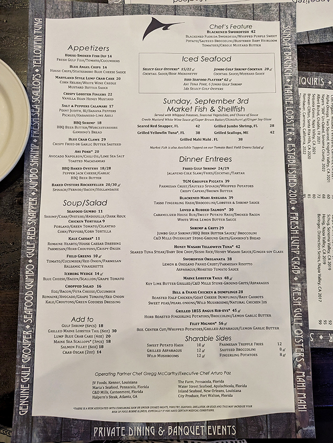 A menu that reads like a love letter to the Gulf. Each description promises a vacation for your taste buds, no passport required.