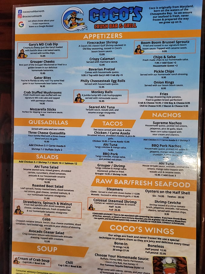 This menu isn't just food&mdash;it's a geography lesson. Maryland meets Florida with Gary's Crab Dip, Gator Bites, and the promise of Chesapeake Bay traditions.