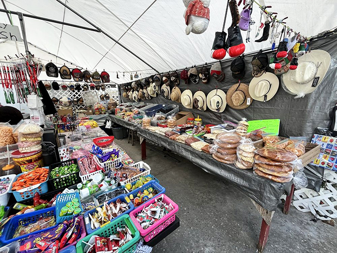 Discover a vibrant mix of Mexican treats, candies, hats, and fun accessories&mdash;this sundries shop is bursting with culture and charm!
