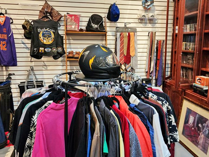 A kaleidoscope of fashion history hangs in perfect harmony. That motorcycle helmet perched atop the rack seems to be saying, "Buy me and the leather jacket below&mdash;instant cool."