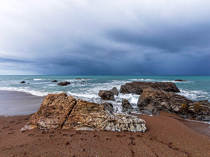 Moonstone Beach's dramatic skies and rocky outcroppings create nature's theater, where the Pacific performs daily with no admission fee.