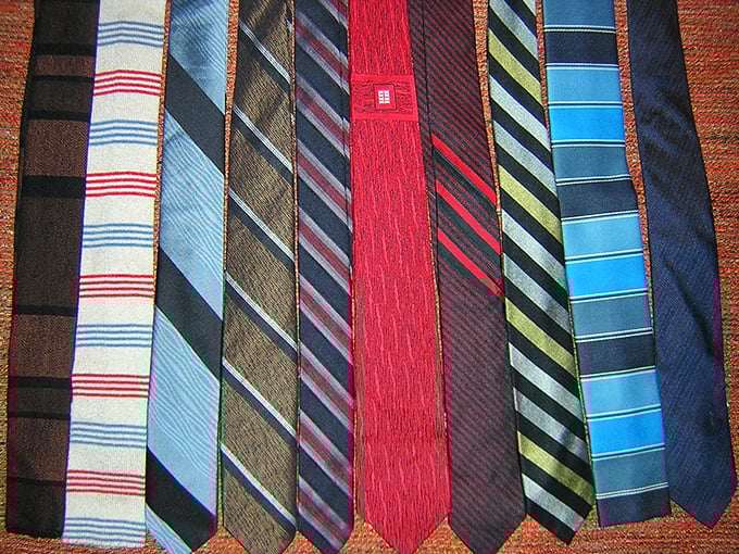 The necktie rainbow that would make Don Draper weep with joy. Each stripe and pattern tells the tale of boardroom battles and martini lunches past.