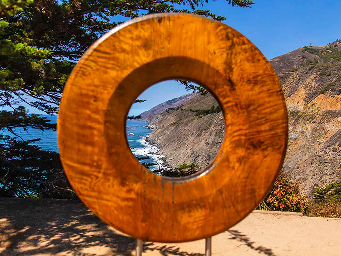 Nature's perfect frame: this wooden circle highlights the dramatic coastline views that make California's Central Coast a road-tripper's dream.