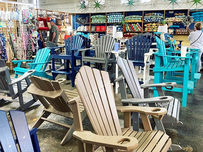 Adirondack chairs in every shade of coastal dream. Sit in one and you'll understand why people willingly spend hours watching sunsets instead of Netflix.