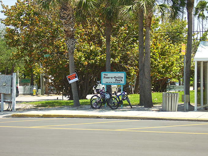 The Pass-a-Grille Park sign welcomes cyclists and pedestrians alike. Nature and recreation in perfect harmony&mdash;no theme park tickets required!