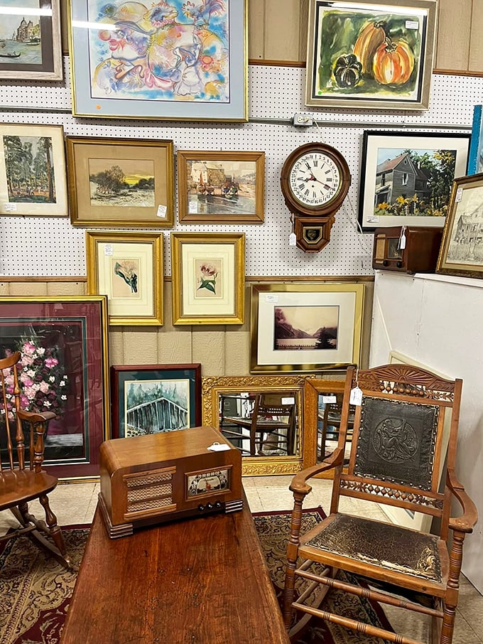 A gallery of memories awaits new walls to call home. That clock probably witnessed more family dinners than most of us have had hot breakfasts.