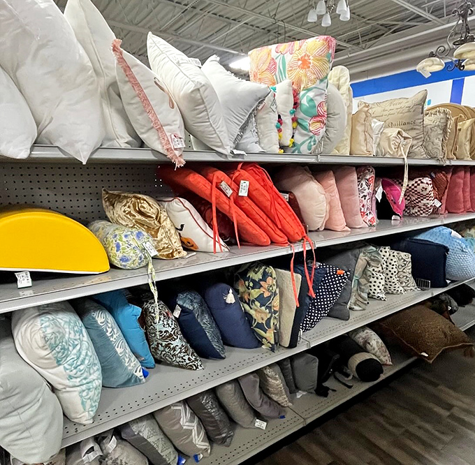 A rainbow of throw pillows awaits new homes&mdash;because nothing says "adulting" like getting excited about decorative cushions.