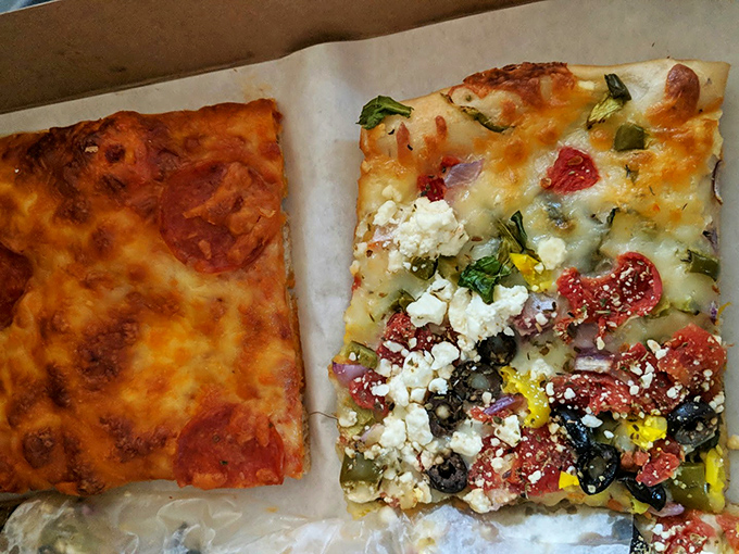 Pizza perfection in rectangular form &ndash; one classic pepperoni, one Mediterranean masterpiece. The only real mistake here is not ordering both.