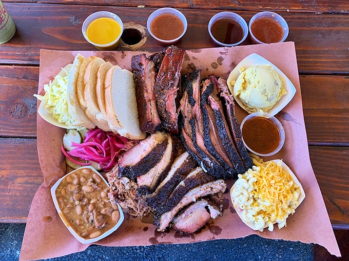BBQ platter perfection&mdash;where the meat-to-side ratio favors carnivores and the pink smoke ring tells tales of proper technique. 