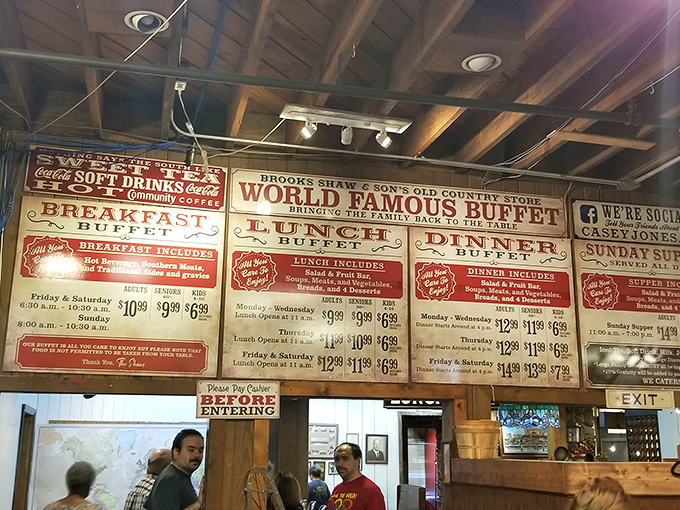 These old-school menu boards hanging from the ceiling aren't just decor – they're time machines promising Southern comfort in buffet form.