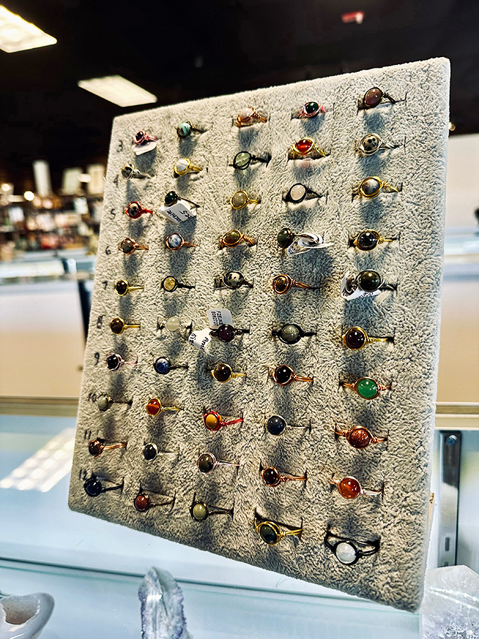 Gemstone rings displayed like a constellation of history&mdash;each one holding secrets of past lives and future possibilities.