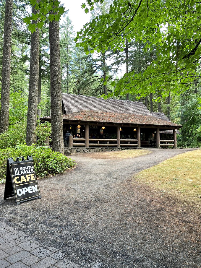 This isn't just any log cabin&mdash;it's the South Falls Caf&eacute;, where hikers trade trail dust for coffee and the chairs actually understand what your knees have been through.