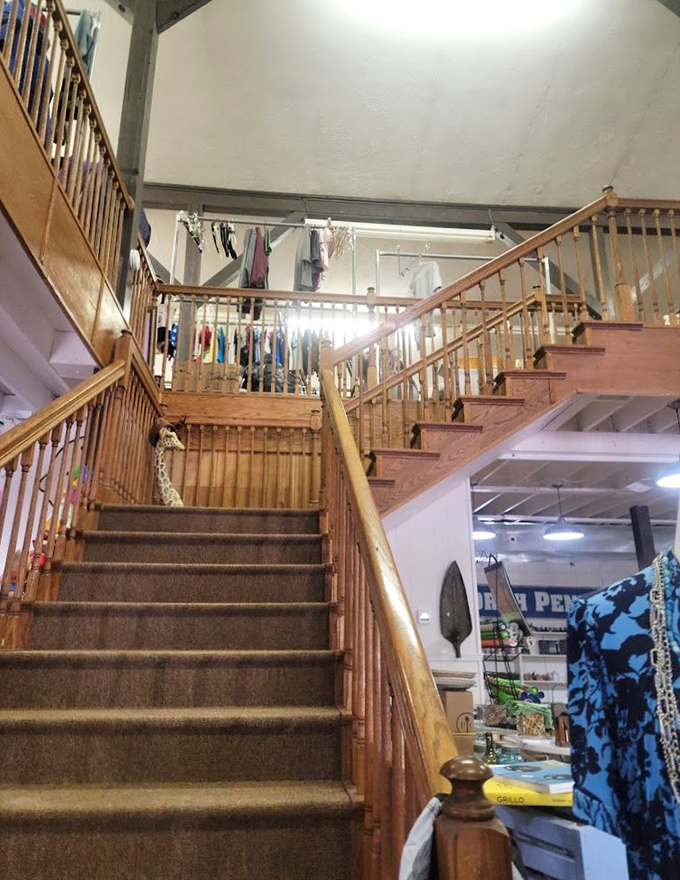 This wooden staircase isn't just steps&mdash;it's a portal to another dimension of thrifting possibilities upstairs. Mind that first step!