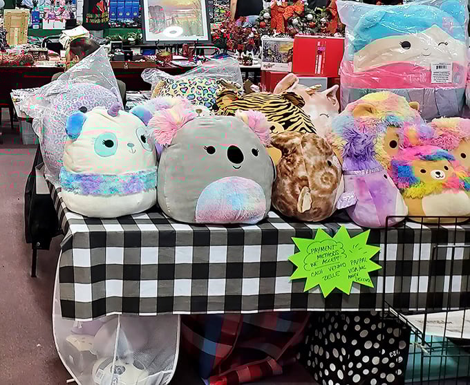 Plush paradise! These colorful critters wait patiently for new homes, their googly eyes silently judging your restraint as you walk by.