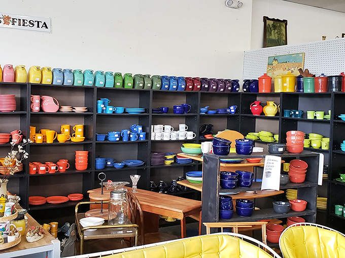Rainbow rows of Fiestaware create a ceramic symphony that would make collectors swoon.