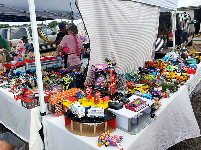 A kaleidoscope of childhood nostalgia spread across tables, where one shopper's outgrown toys become another family's new memories.