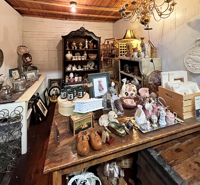 Every surface tells a story in this booth. Those wooden baby shoes probably walked their first steps during the Truman administration.