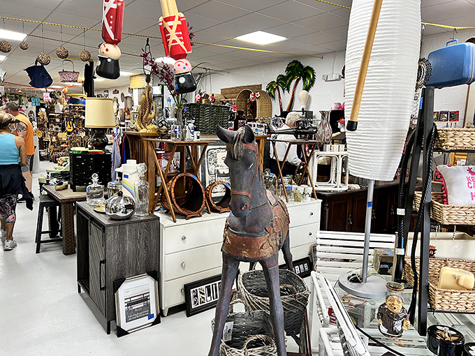 Where else can you find a metal horse sculpture keeping watch over vintage dressers? Only at Oddballs, where organization is merely a suggestion.