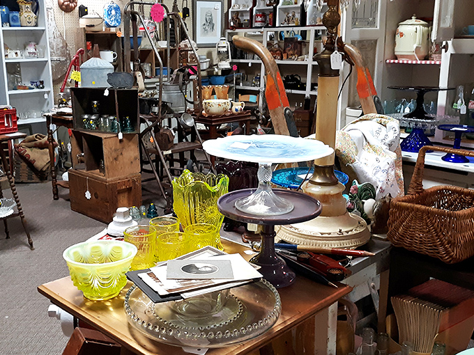 Depression glass and vintage cake stands await new homes&mdash;each piece silently whispering stories of Sunday dinners and celebrations long past.