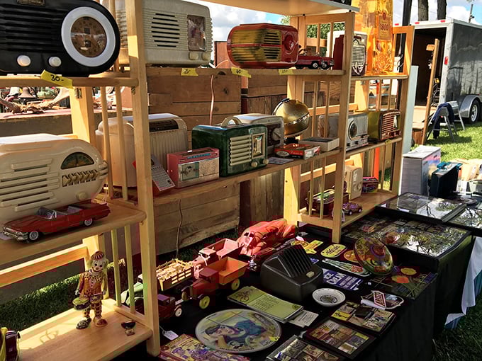 Nostalgia on shelves! Vintage radios, classic toys, and collectibles await new homes where they'll either be proudly displayed or hidden from spouses.