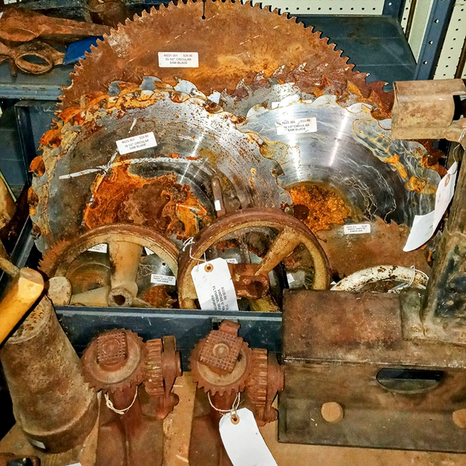 These rusted gears and industrial parts aren't just old tools – they're mechanical poetry from America's manufacturing heyday, waiting for their second act.