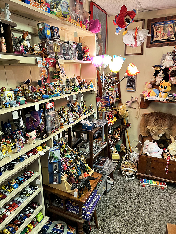 This toy paradise would make any collector weak at the knees. From Marvel heroes to plush friends, childhood memories line these shelves.