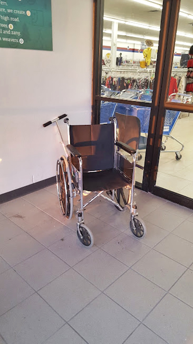 Accessibility meets affordability at the store entrance, where this wheelchair reminds us that treasure hunting should be available to everyone.