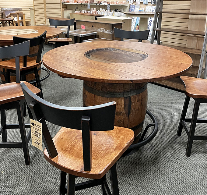 Not just a table, but a conversation piece with history in every grain. This whiskey barrel transformation showcases the Amish woodworking magic that makes furniture an art form. 