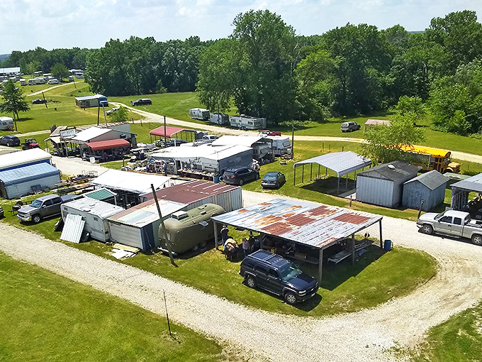 From above, the sprawling market reveals its true scale. A patchwork of tents, sheds, and vehicles creates this temporary bargain metropolis.