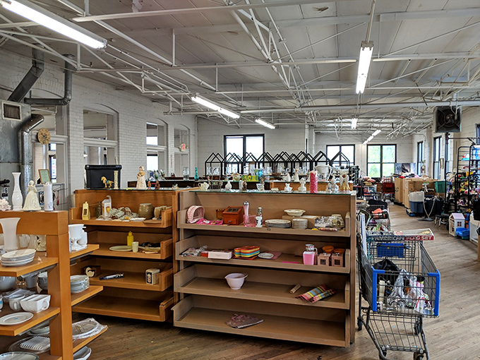 Every shelf tells a story in this cavernous space. One person's decluttered kitchen cabinet becomes another's perfectly priced dishware collection.