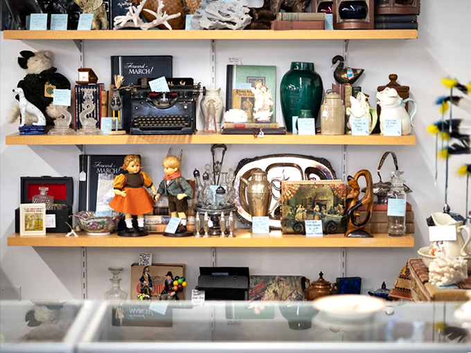 Vintage typewriters and collectible dolls share shelf space in a nostalgic tableau that would make any antique hunter's heart skip a beat.