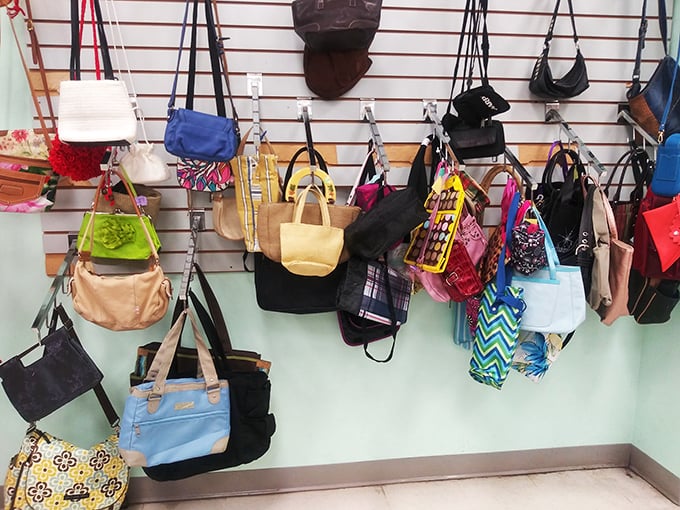 Handbag heaven or purse purgatory? Either way, this colorful collection of carryalls proves one person's castoff is another's fashion statement.
