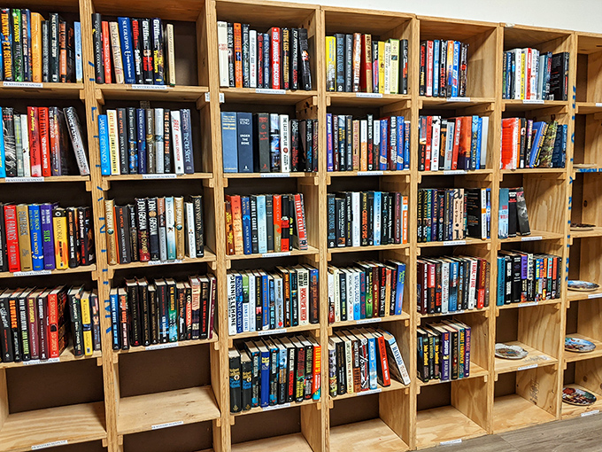 Books stacked with military precision, waiting to tell their stories to new owners. Literary adoption center at its finest!
