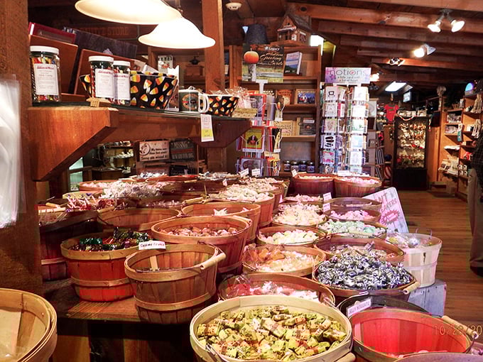 Wooden barrels overflow with colorful candies that would make Willy Wonka jealous. Each scoop is like excavating delicious artifacts from your childhood.