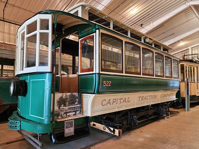 Car #522 from the Capital Traction Company gleams in its restored green and cream livery. Those windows weren't just for show&mdash;they connected passengers to their city.