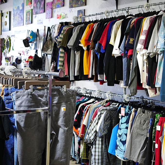Vintage clothing racks that would make Don Draper jealous, offering style from every decade imaginable.