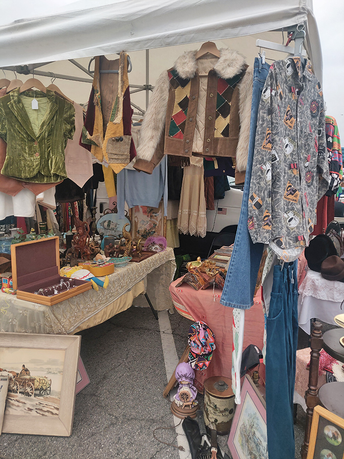 Vintage clothing racks tell fashion stories spanning decades, each piece whispering tales of glamorous nights past. 