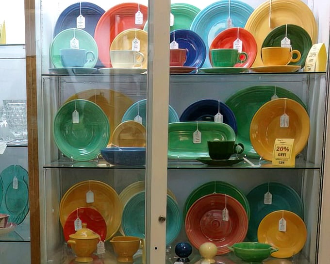 Fiestaware in colors that would make a rainbow jealous. Your grandmother's dishes are here somewhere, waiting for their second act.