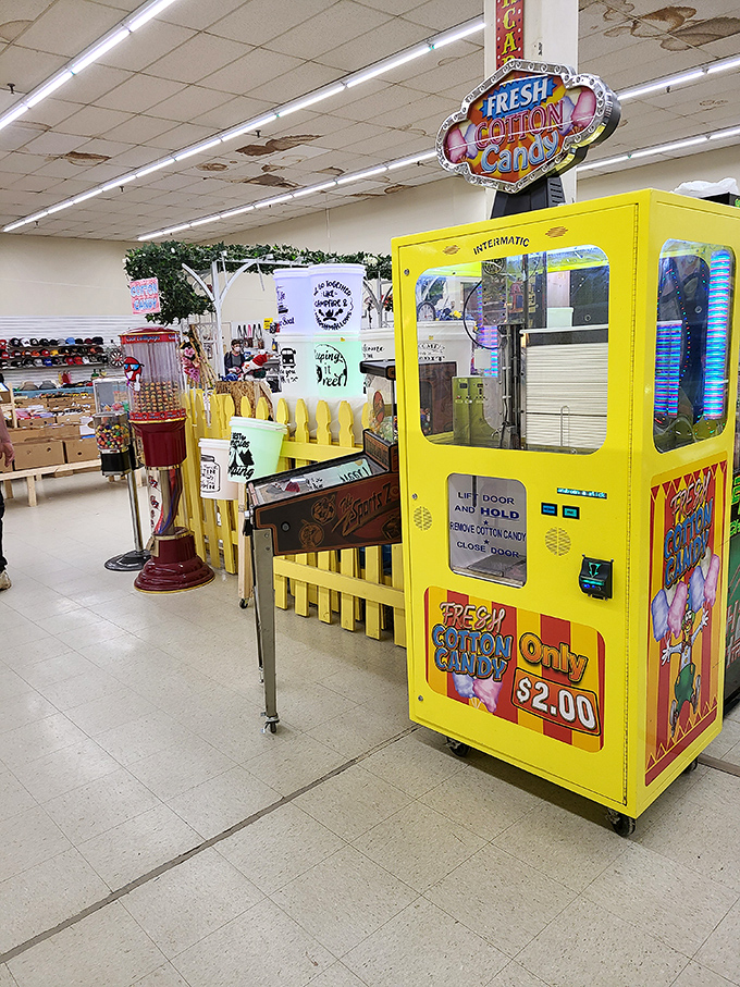 Nothing says "childhood nostalgia" quite like fresh cotton candy. This yellow machine doesn't just spin sugar; it spins memories of county fairs and sticky fingers.